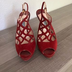 Prada | Shoes | Prada Burgundy Red Suede Caged Sling Back Platform Peep ...